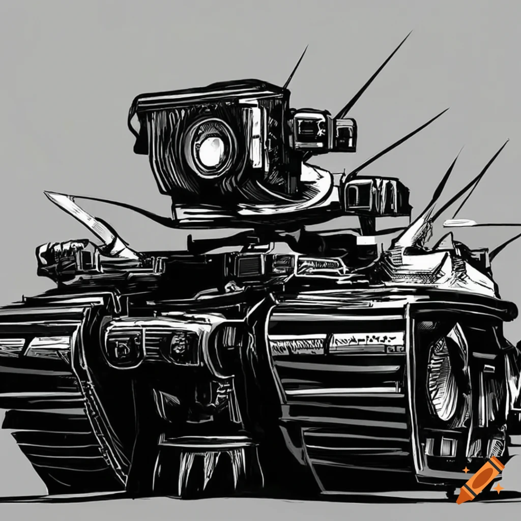Comic book art of a dystopian tank with subwoofers as weapons