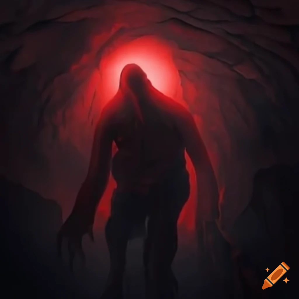 Creepy red eye peeking from a cave on Craiyon