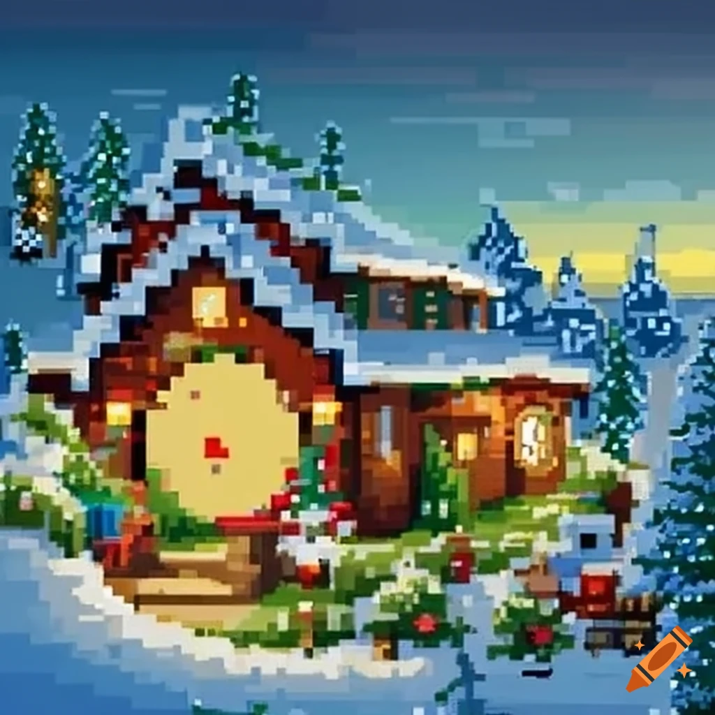Pixel art of a festive hobbit house with christmas lights on Craiyon