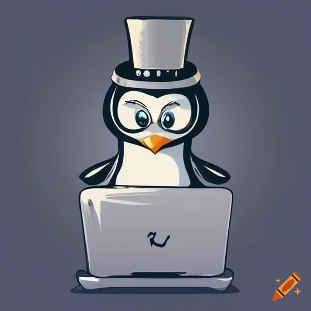 Humorous image of a penguin wearing a top hat and looking at a computer ...
