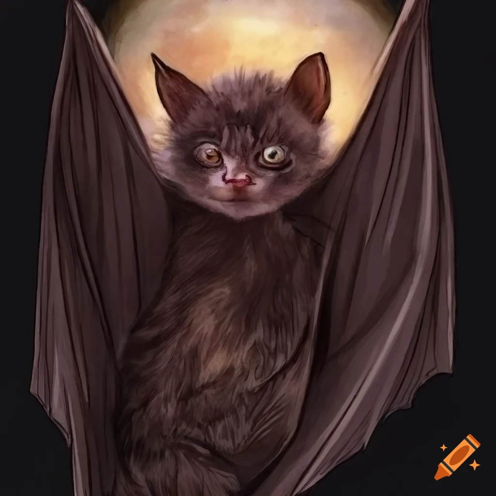 Etching of a fluffy bat with a kitten face on Craiyon