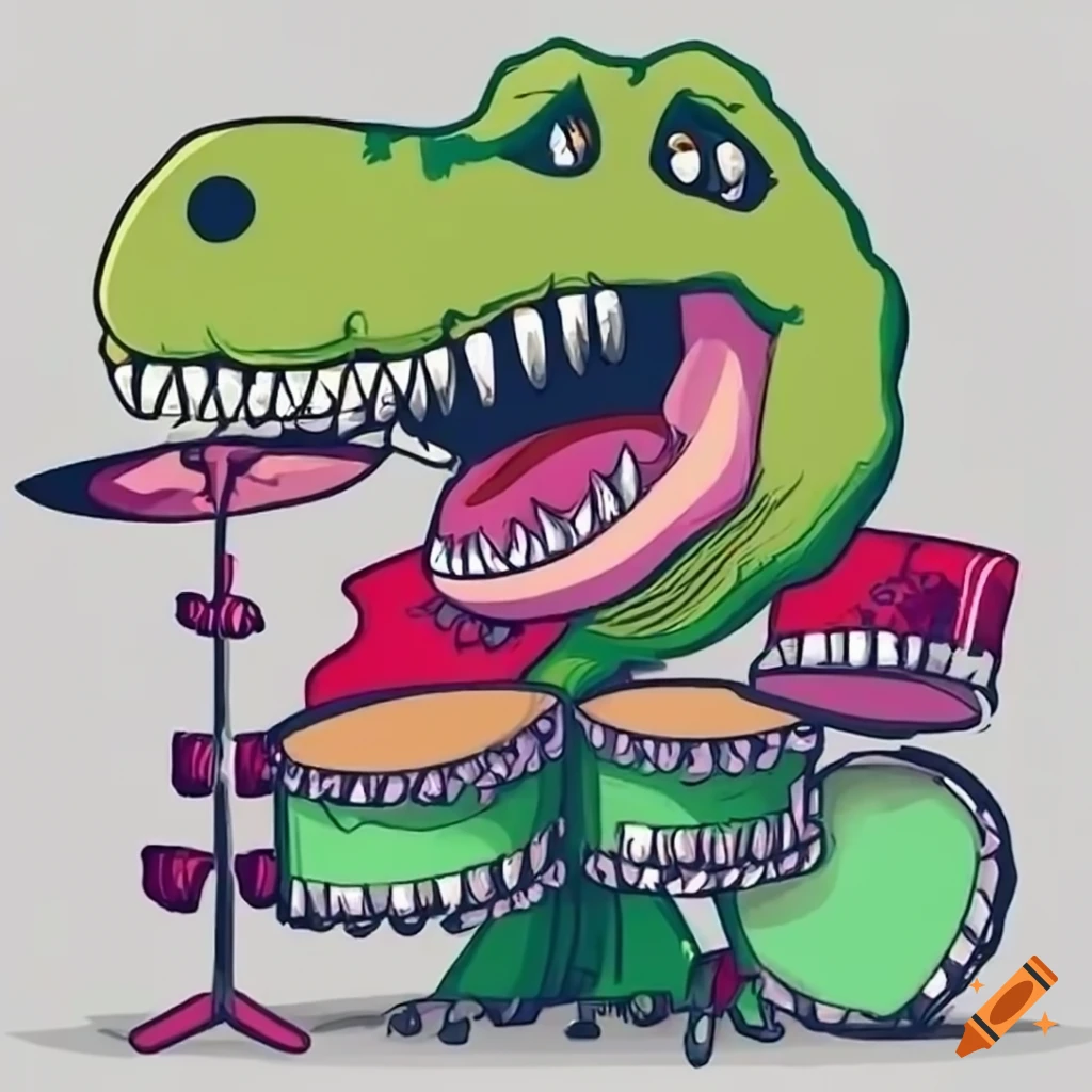 Cartoon t-rex playing drums
