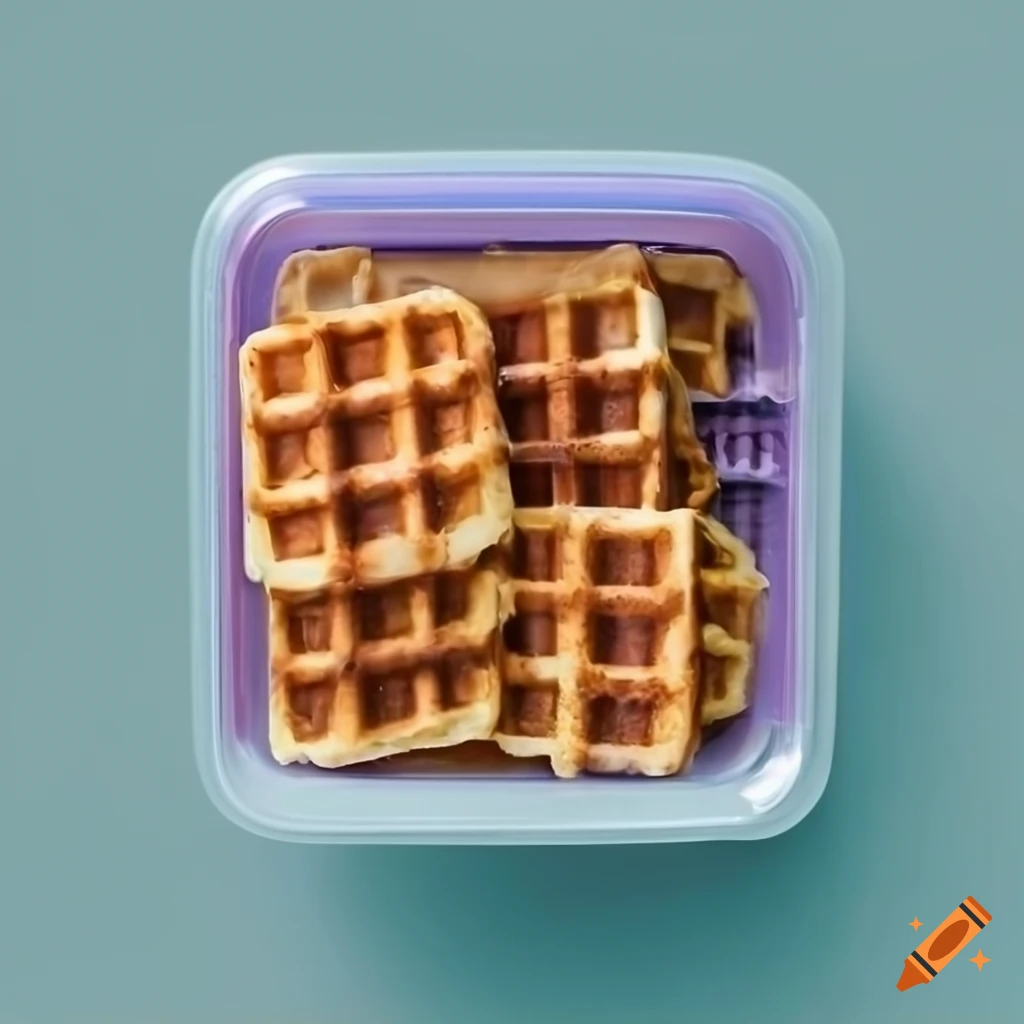 Stack of waffles with maple syrup in a tupperware container on Craiyon