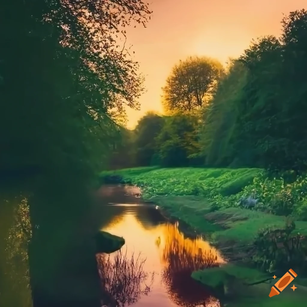 Sunset view of knighton park gardens in leicester, with a flowing stream