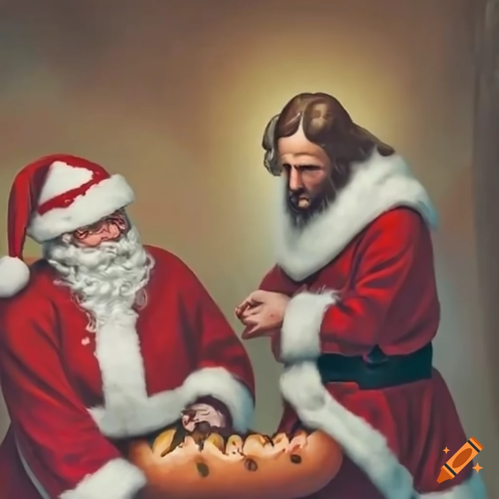 Santa feeding Jesus a hotdog in a humorous depiction on Craiyon