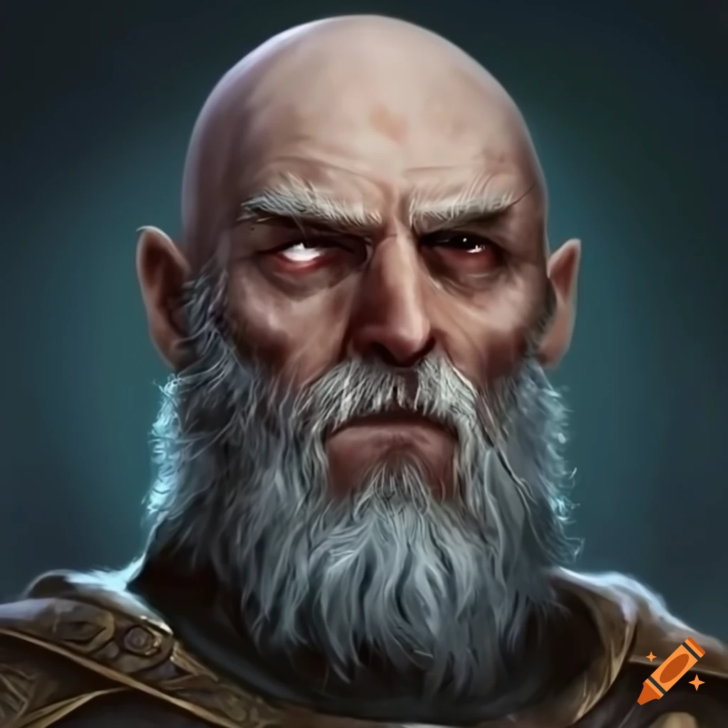 Image of an old knight with a bald head and grey beard on Craiyon