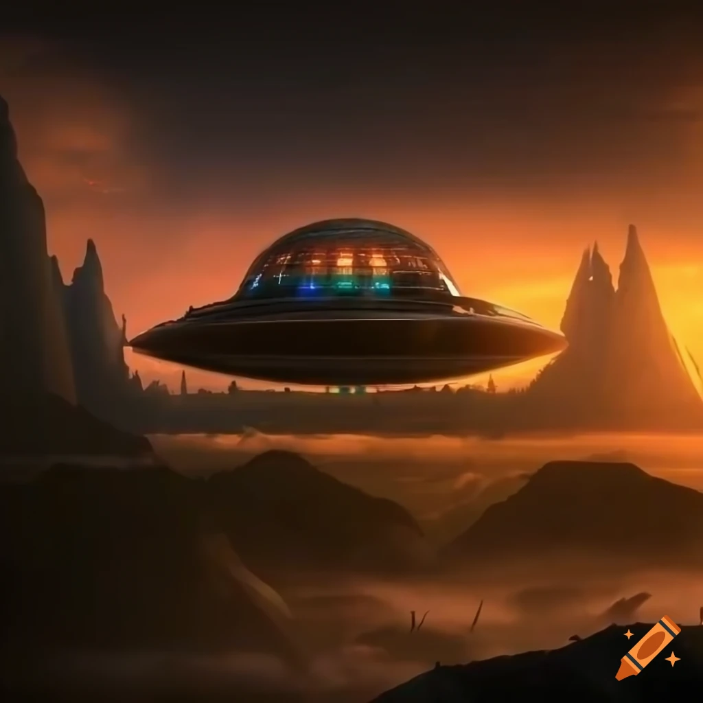 Photorealistic image of a ufo landing in a lush landscape