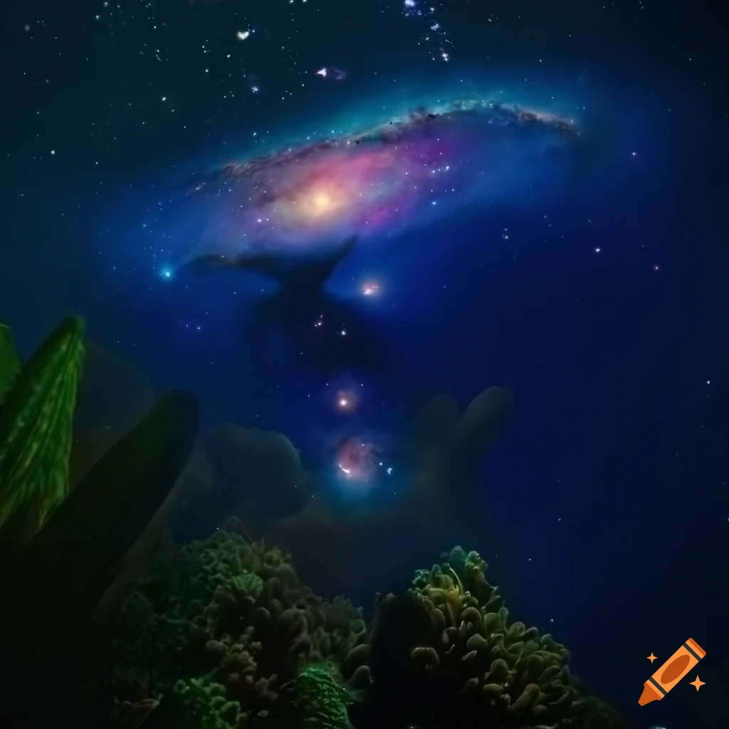 Stunning cosmic underwater reef with shining stars on Craiyon