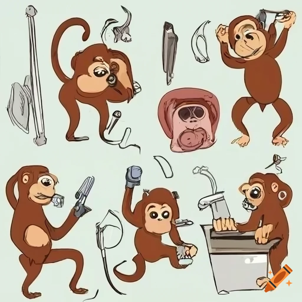 Playful illustration of monkeys using tools and technology on Craiyon