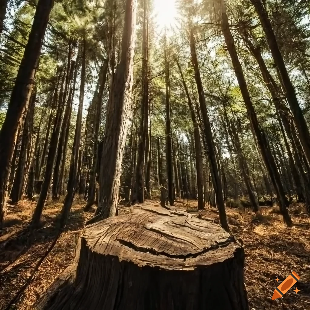Top shot of a big tree stump in a pine forest