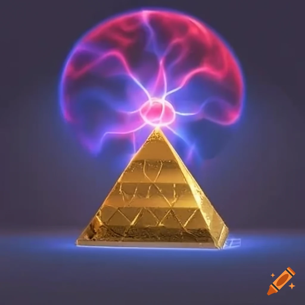 Abstract representation of a gold pyramid and white plasma sphere on ...