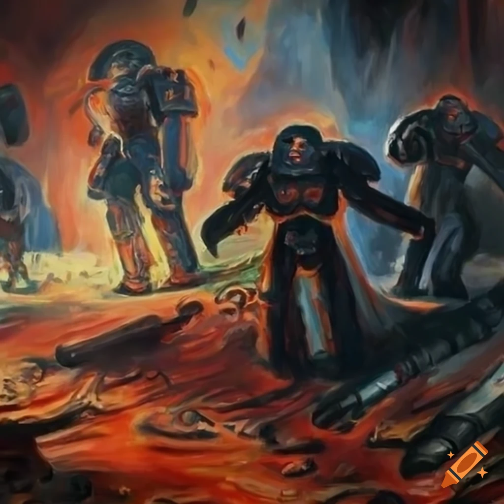Painting of an epic battle in warhammer 40000