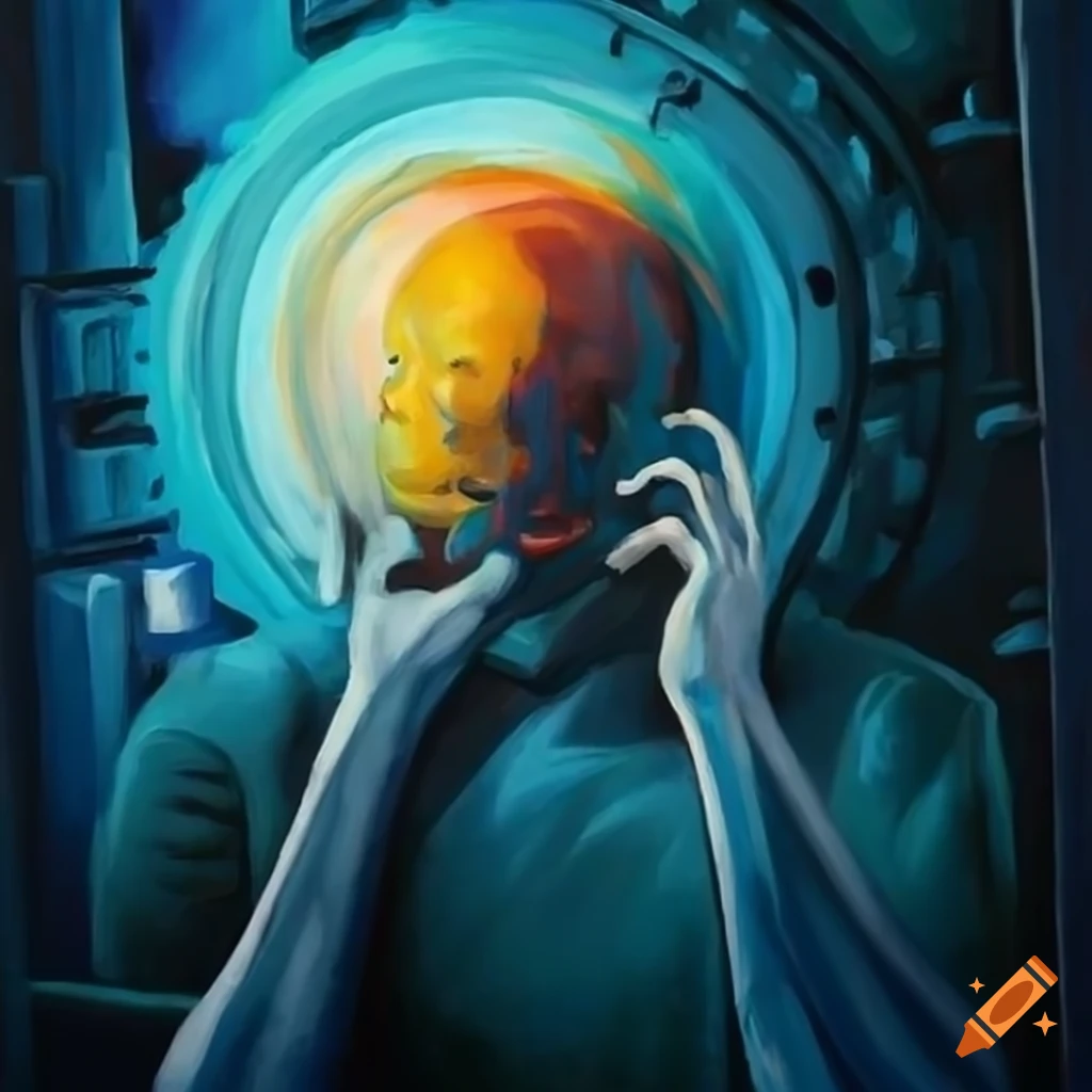 Canvas painting of a man trapped in a machine on Craiyon