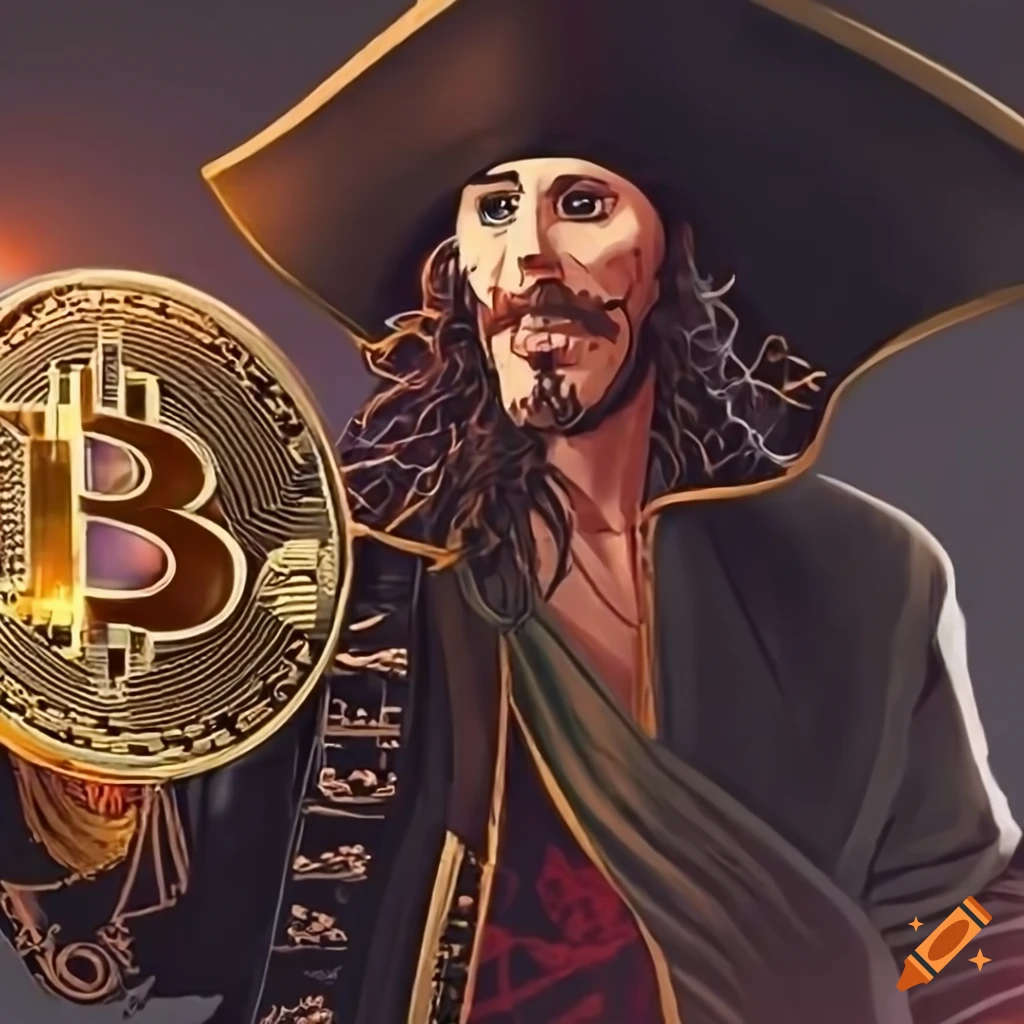 Illustration of a pirate holding a bitcoin symbol on Craiyon