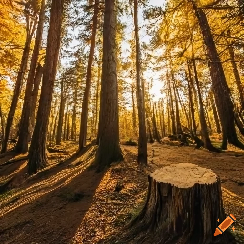Golden sunset in a pine forest with a distant tree stump