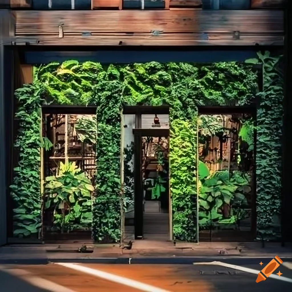 Exterior of a store with eco-friendly elements on Craiyon