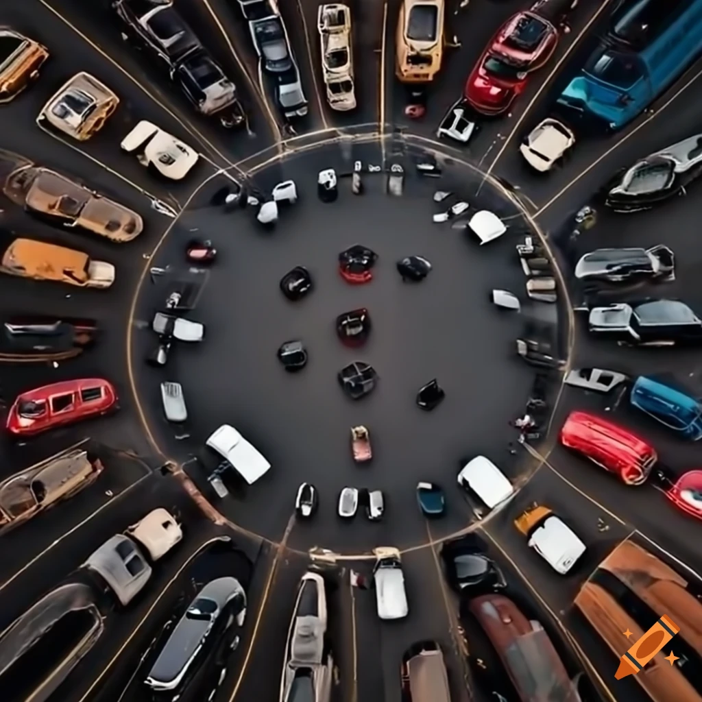 Top view of a circular traffic with multiple roads and cars