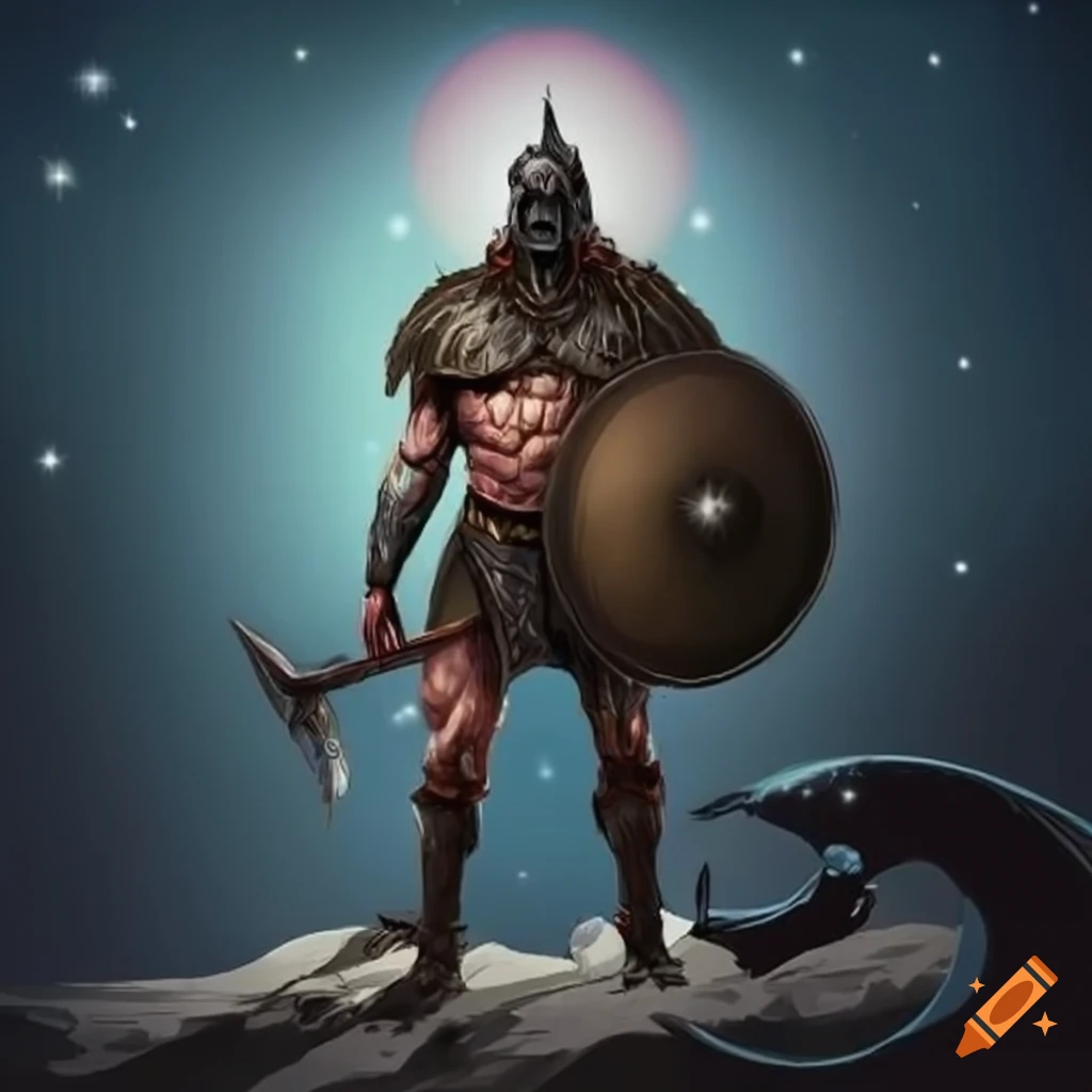 Image of a giant warrior with a shield made of space