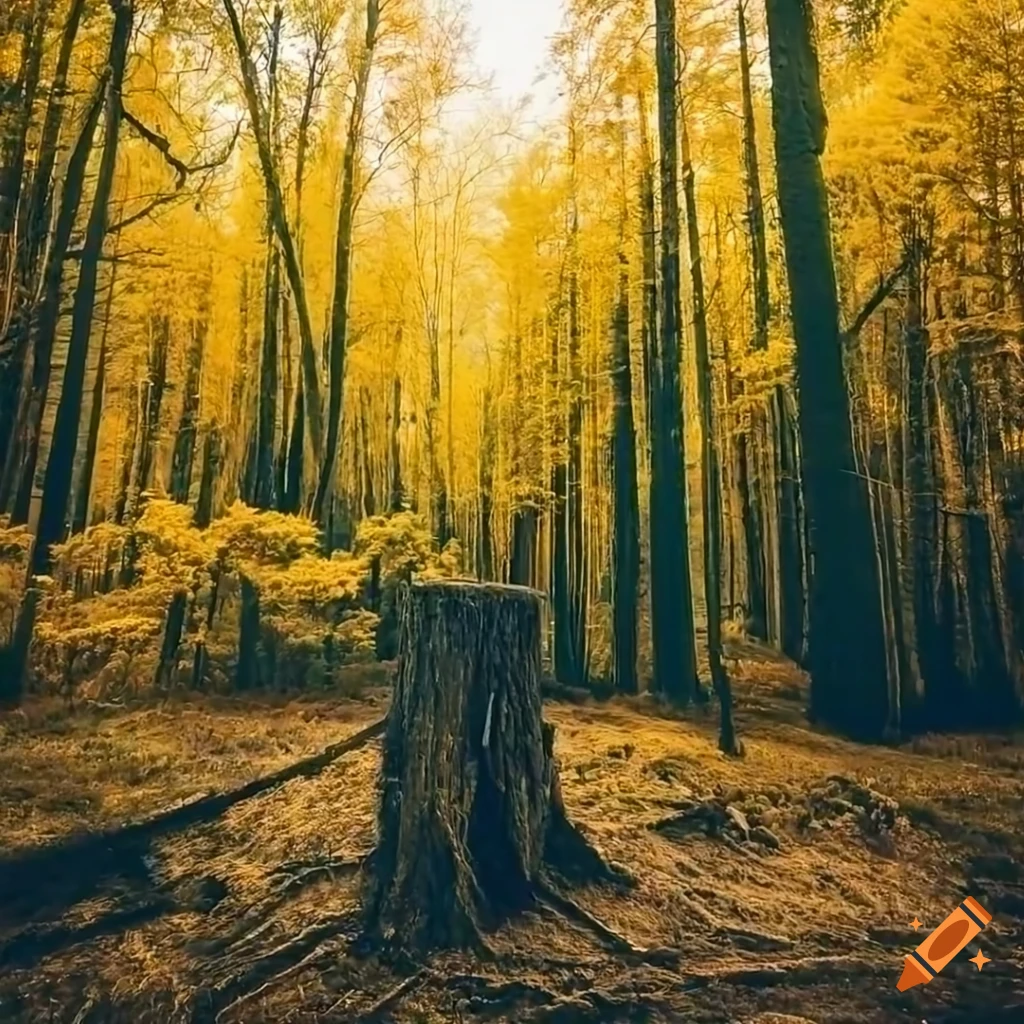 Aerial view of a golden forest with a tree stump on Craiyon