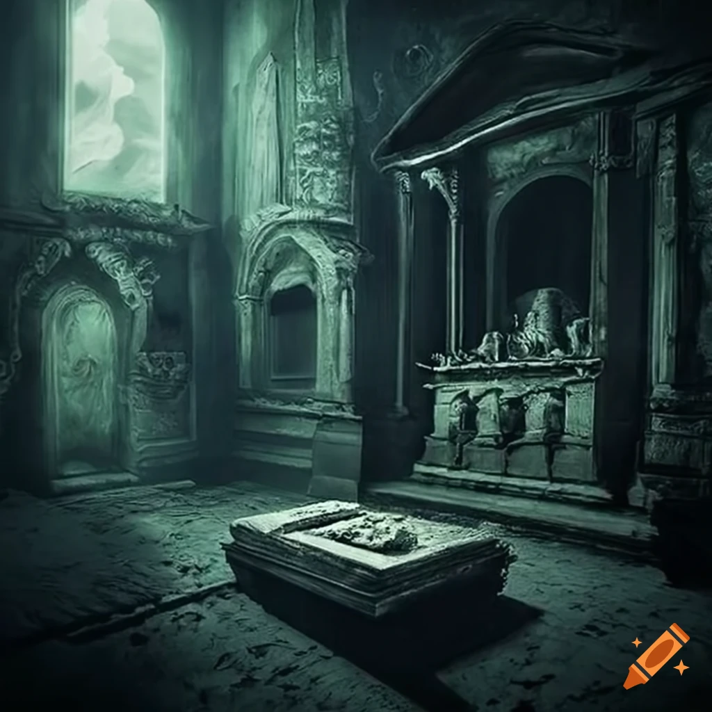 Macabre room with creepy tombs on Craiyon