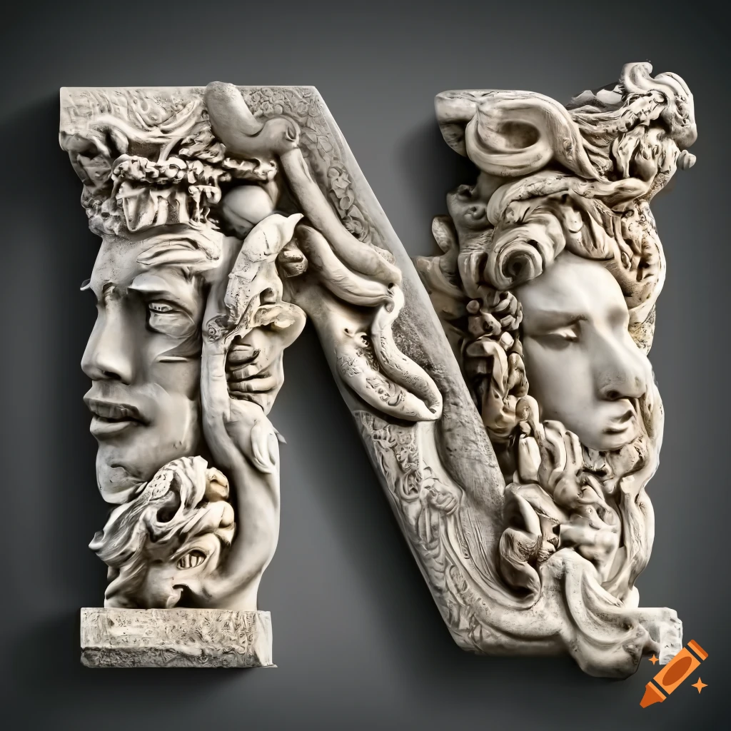 Realistic stone letter "A" with Greek Medusa masks on Craiyon