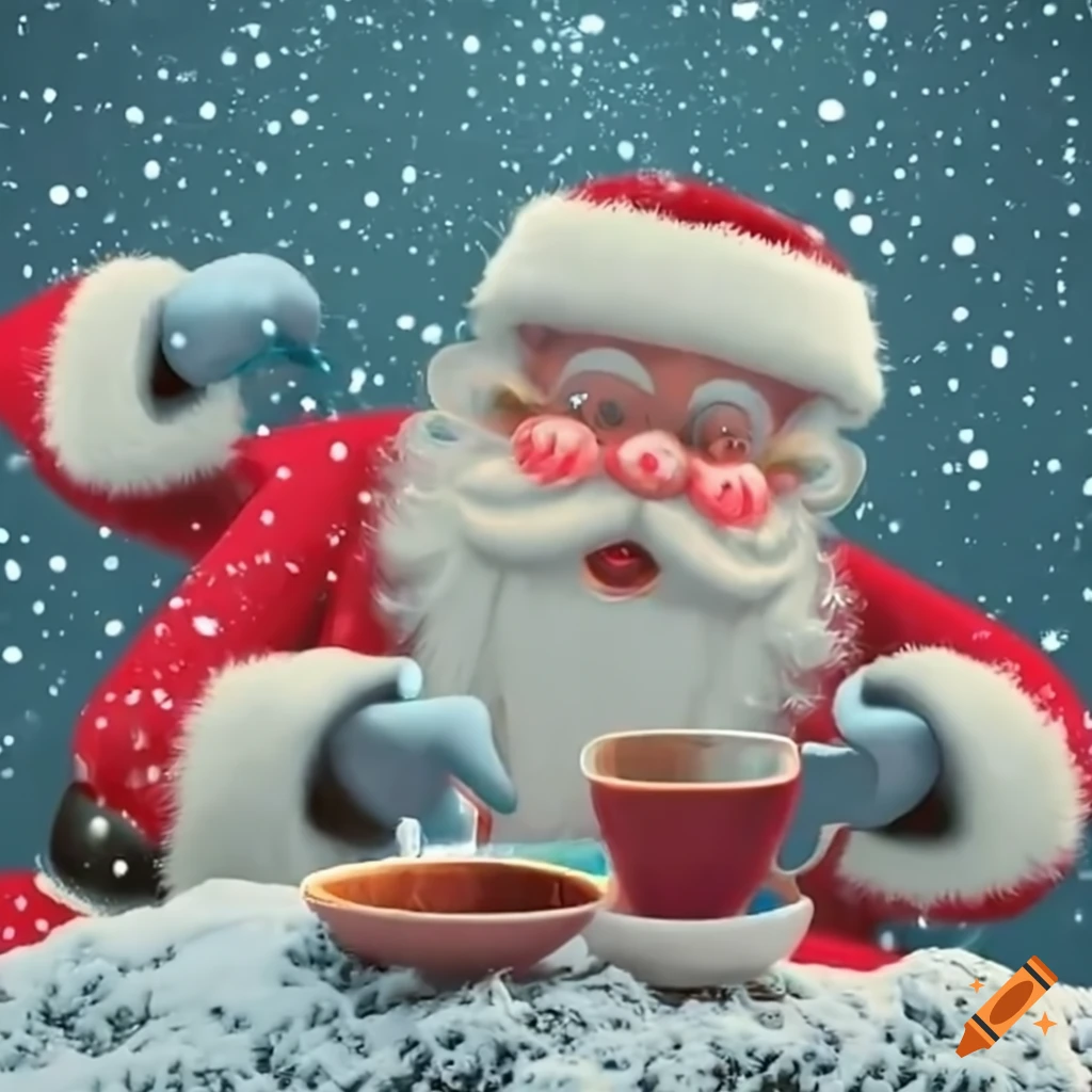 Santa drinking tea in the snow with mountains in background