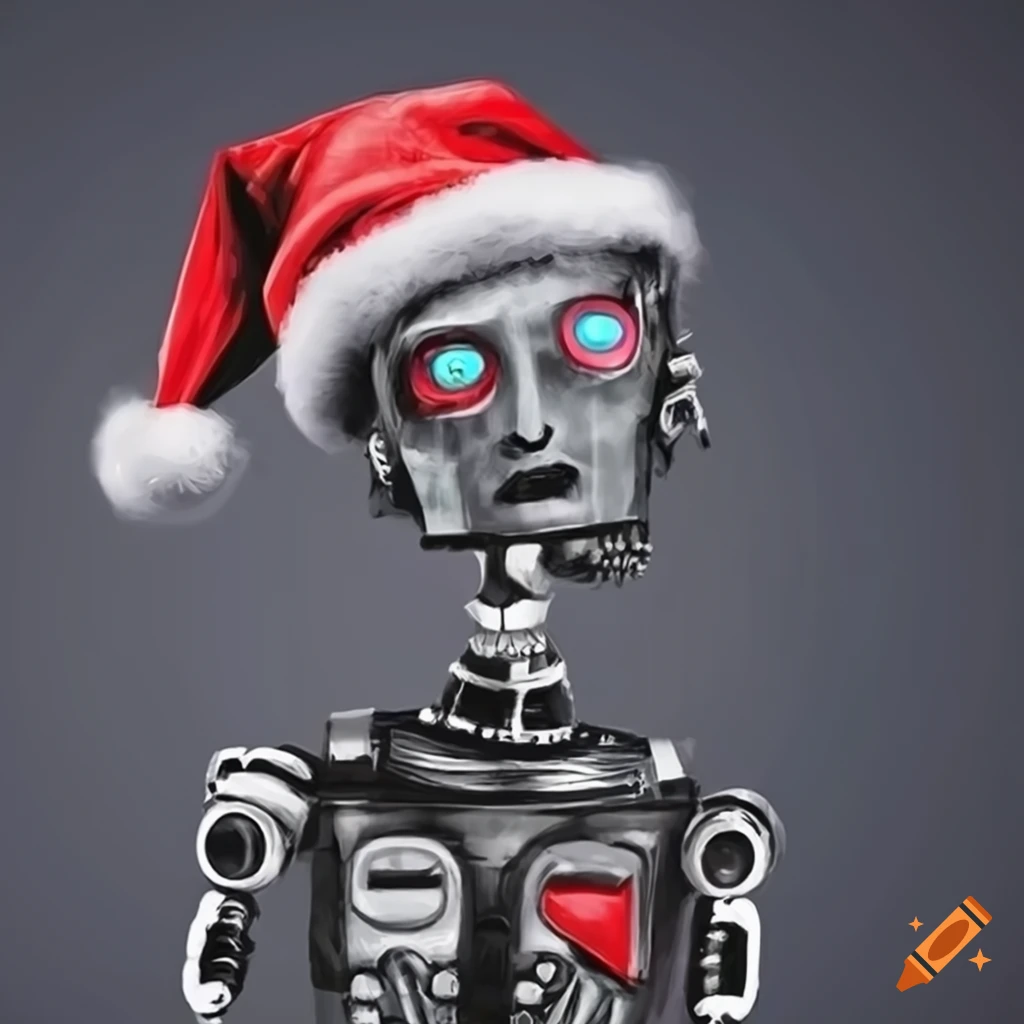 Diesel punk robot wearing santa hat holding a red triangle