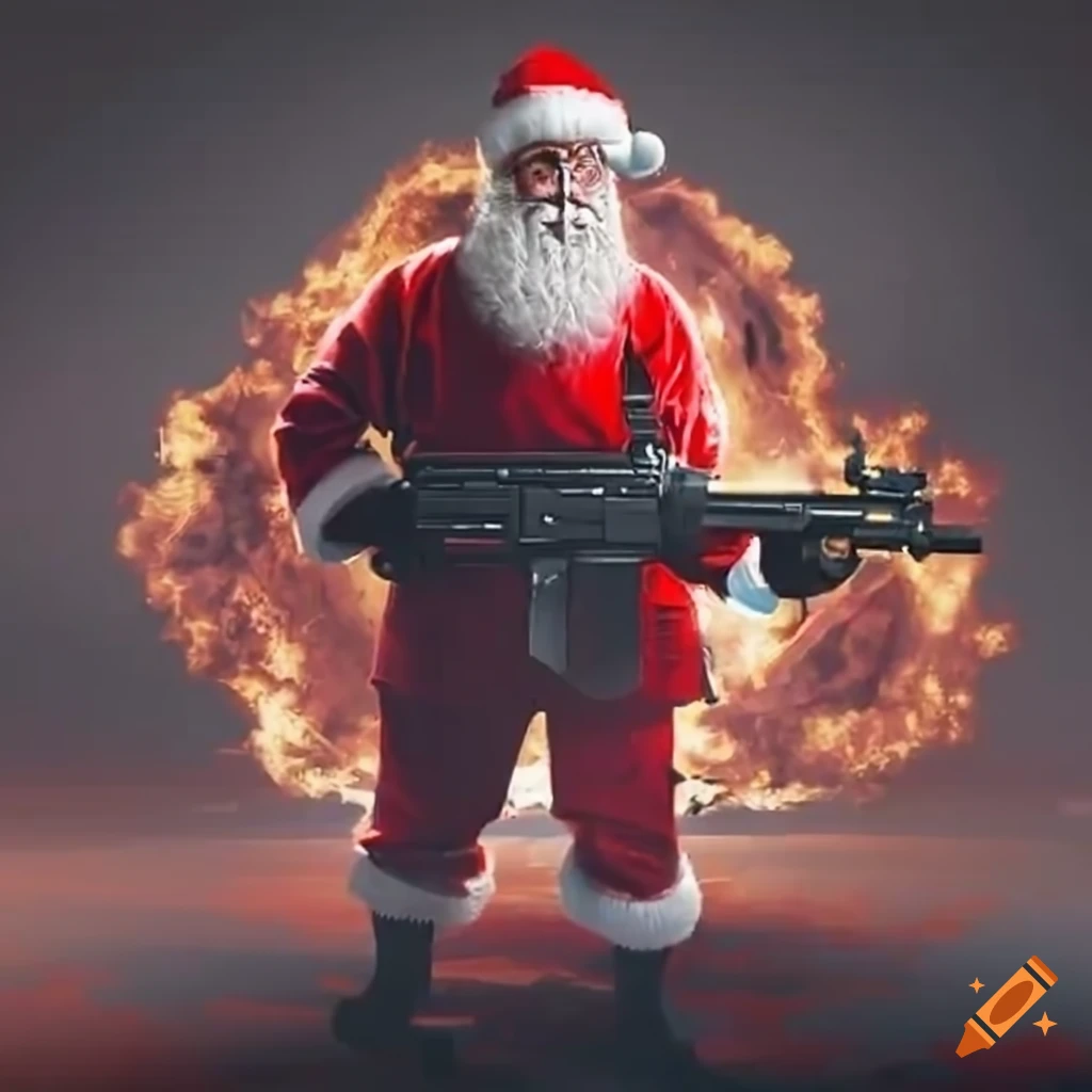 Tactical santa with machine guns in explosion on Craiyon
