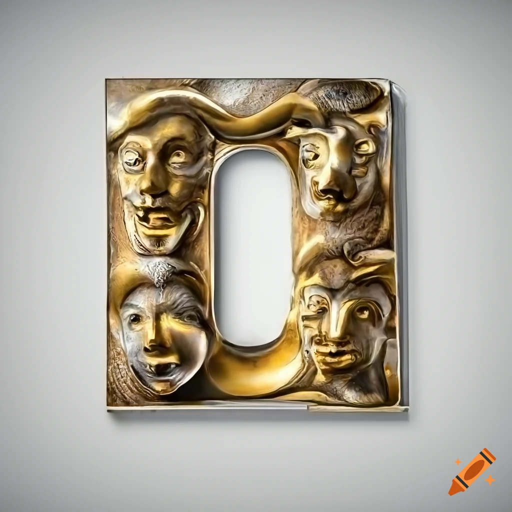 Gold and chrome Greek Medusa masks on an engraved stone letter on Craiyon