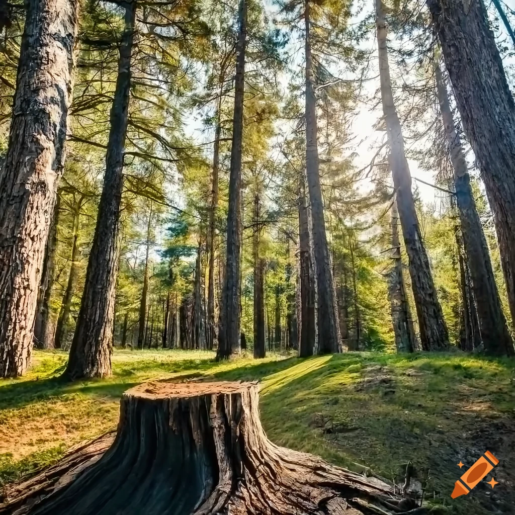 View of a big tree stump in a pine forest on Craiyon