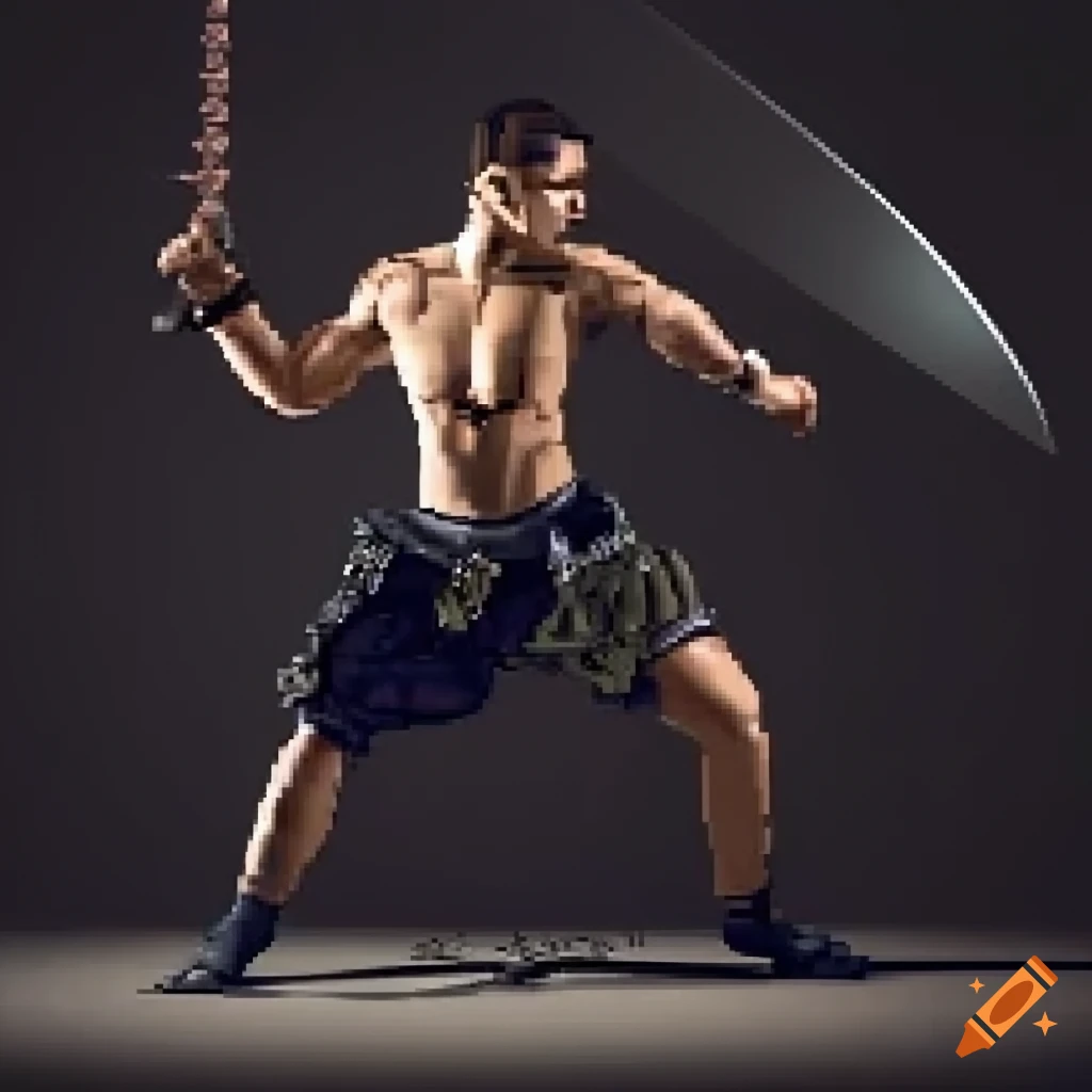 Pixel art of a man attacking with a sword