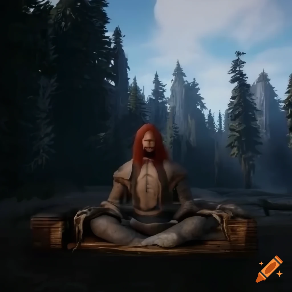 Fantasy elf meditating in a wooden temple surrounded by nature on Craiyon