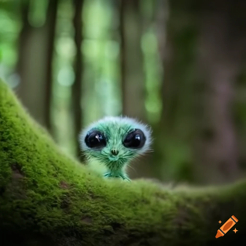 Fuzzy small alien animal in an enchanted forest