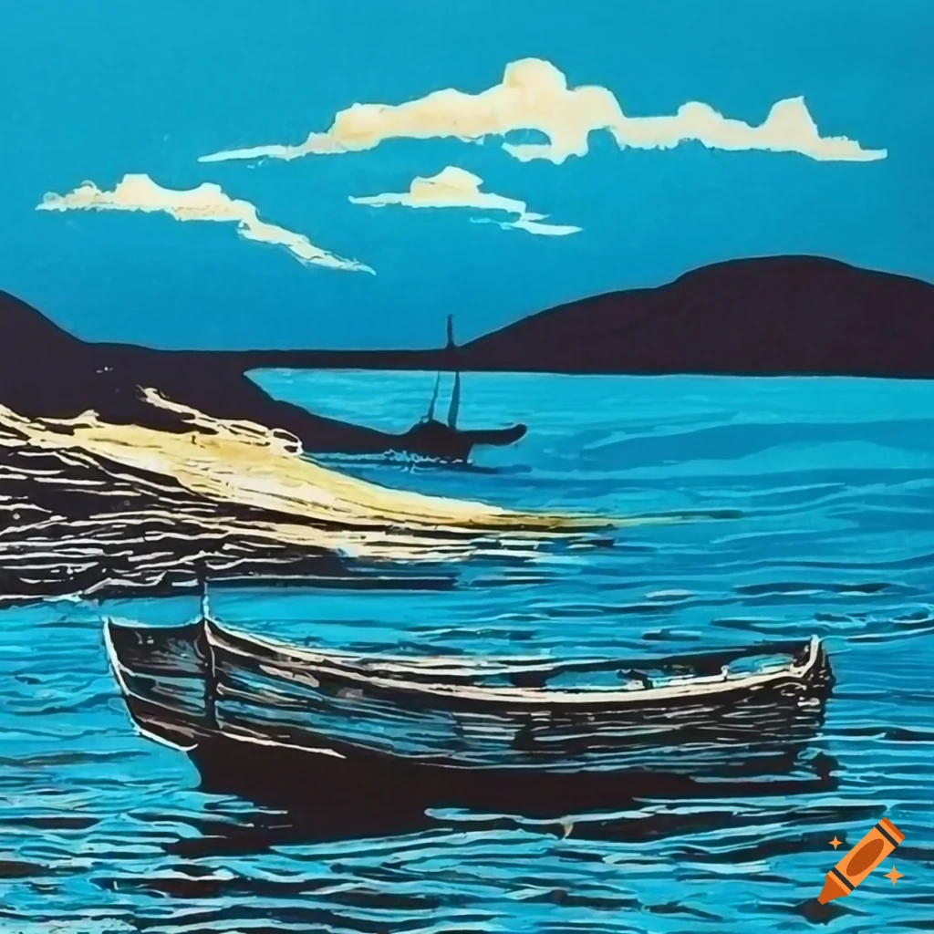 Linocut print of distressed wooden boats and coast scenes on Craiyon