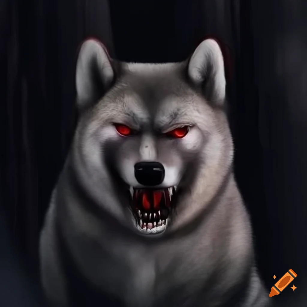 Creepy image of a ghostly akita inu dog in a dark forest