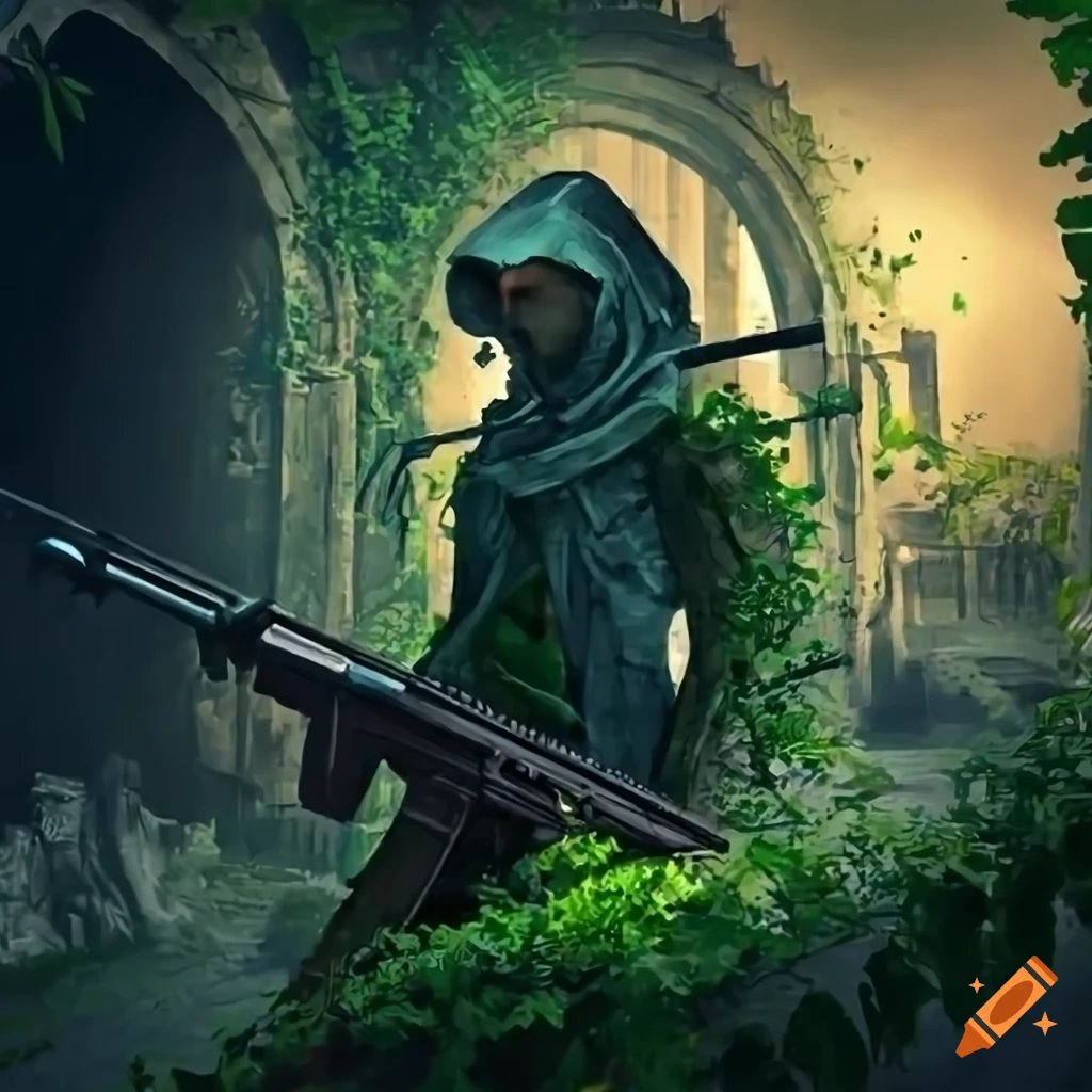 Futuristic elven sniper in overgrown ruins
