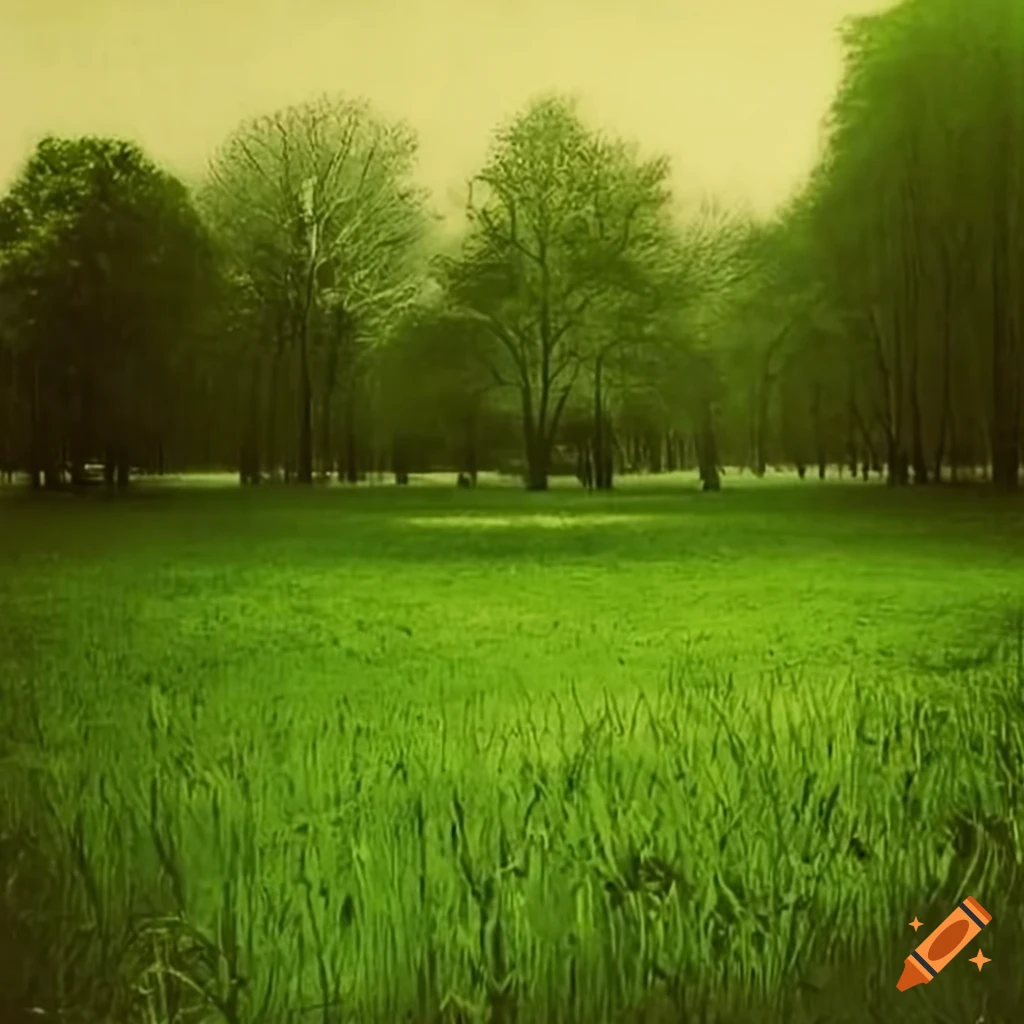 Impressionistic park scene with green grass