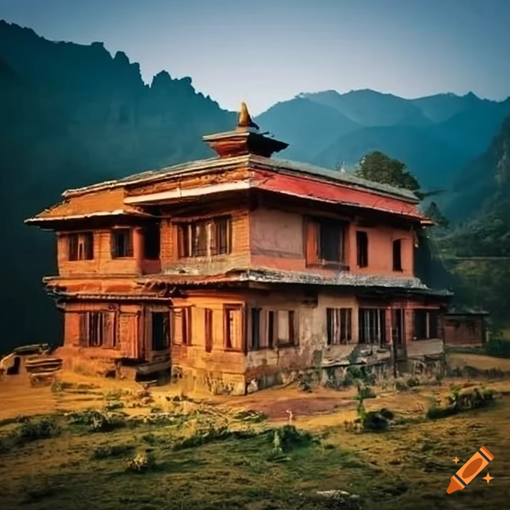 Nepali house with a happy family in front