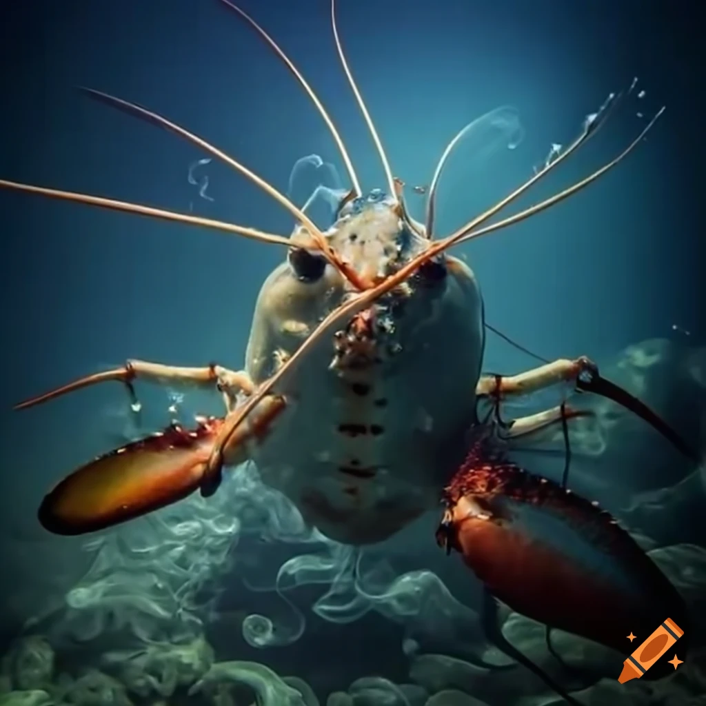 Humorous image of a smoking lobster underwater