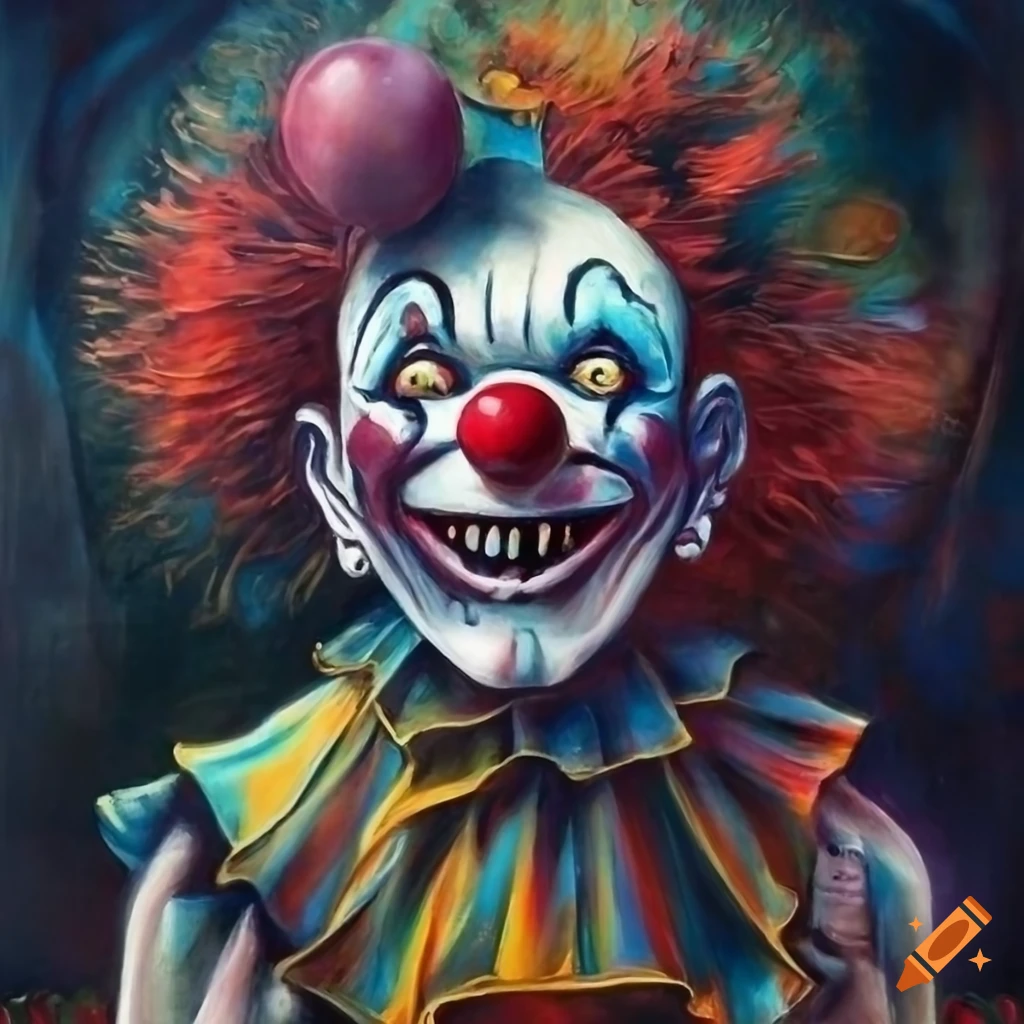Surrealistic expressionist painting of dark clowns on stage