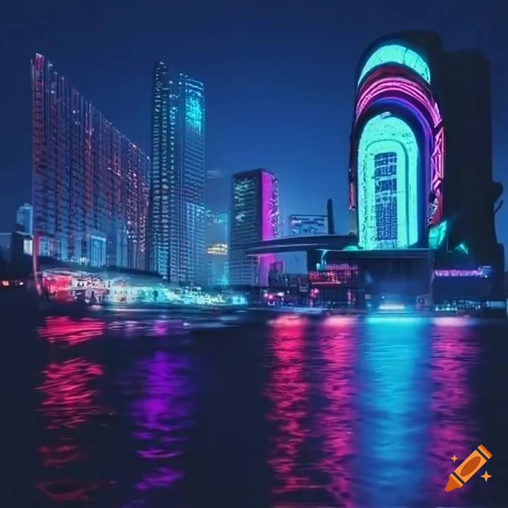 Night view of a cyberpunk city with neon lights