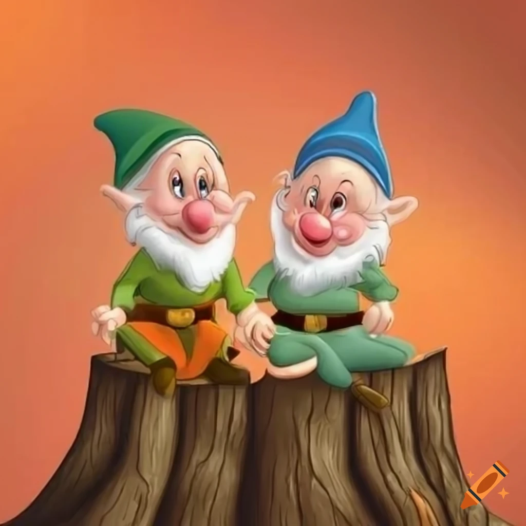 Cartoon image of two dwarfs sitting on a tree stump on Craiyon