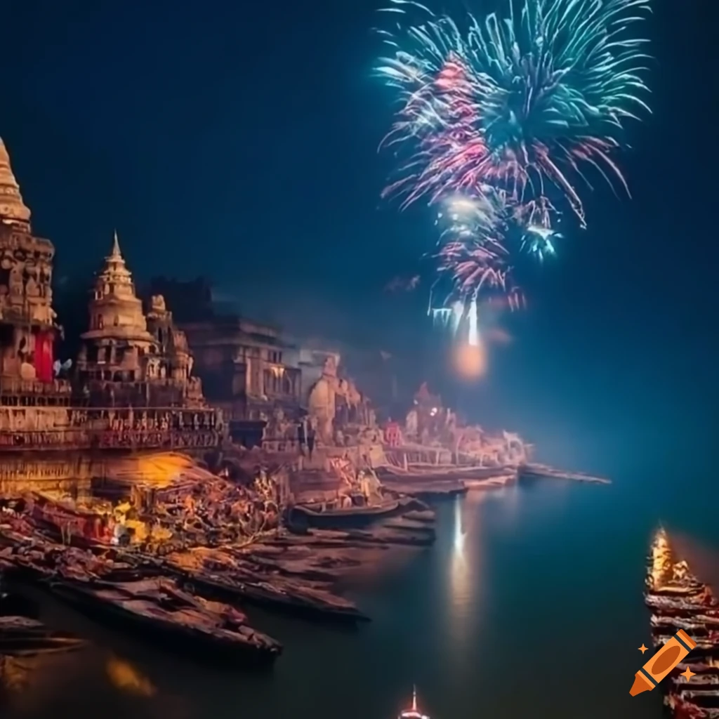 Night view of manikarnika ghat with fireworks on Craiyon