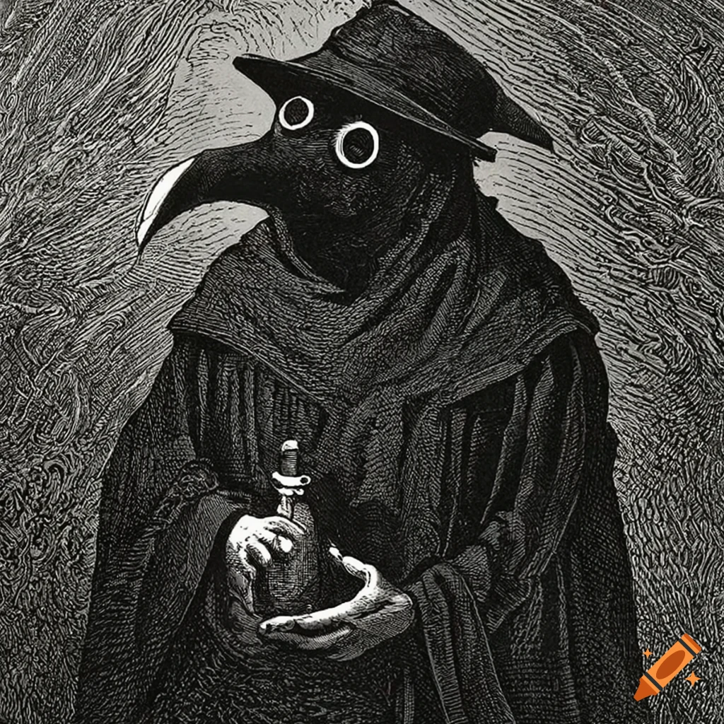 Illustration of a plague doctor holding a flask, black ink on Craiyon