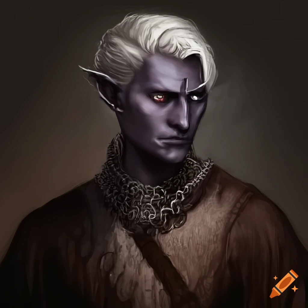 Artwork of a male half drow/human warrior with a glaive