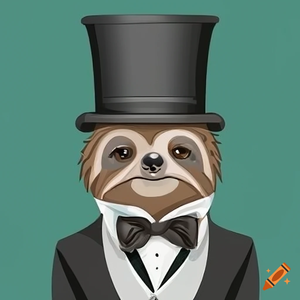 Clip art of a dapper sloth with top hat and monocle