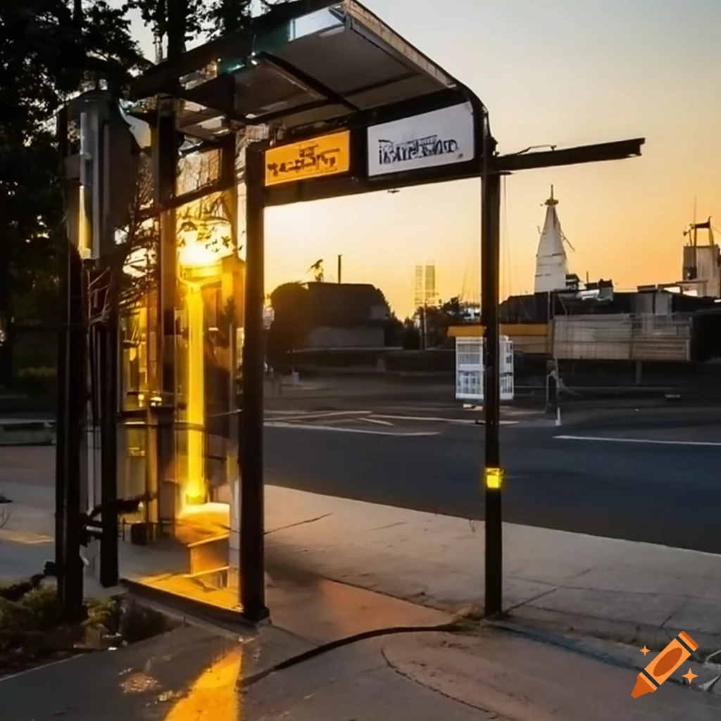 Golden light at a bus stop during dusk on Craiyon