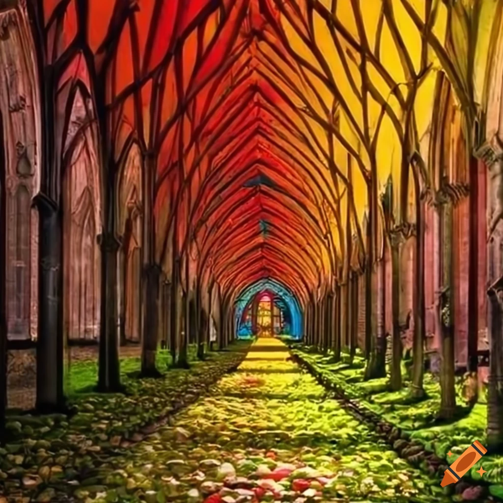 Colorful fruit trees inside a cathedral