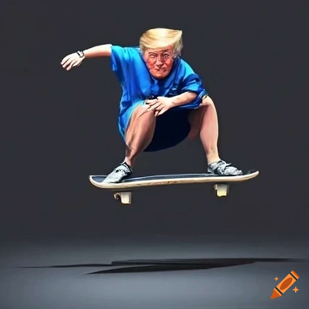 Donald Trump skateboarding with a kick-flip on Craiyon