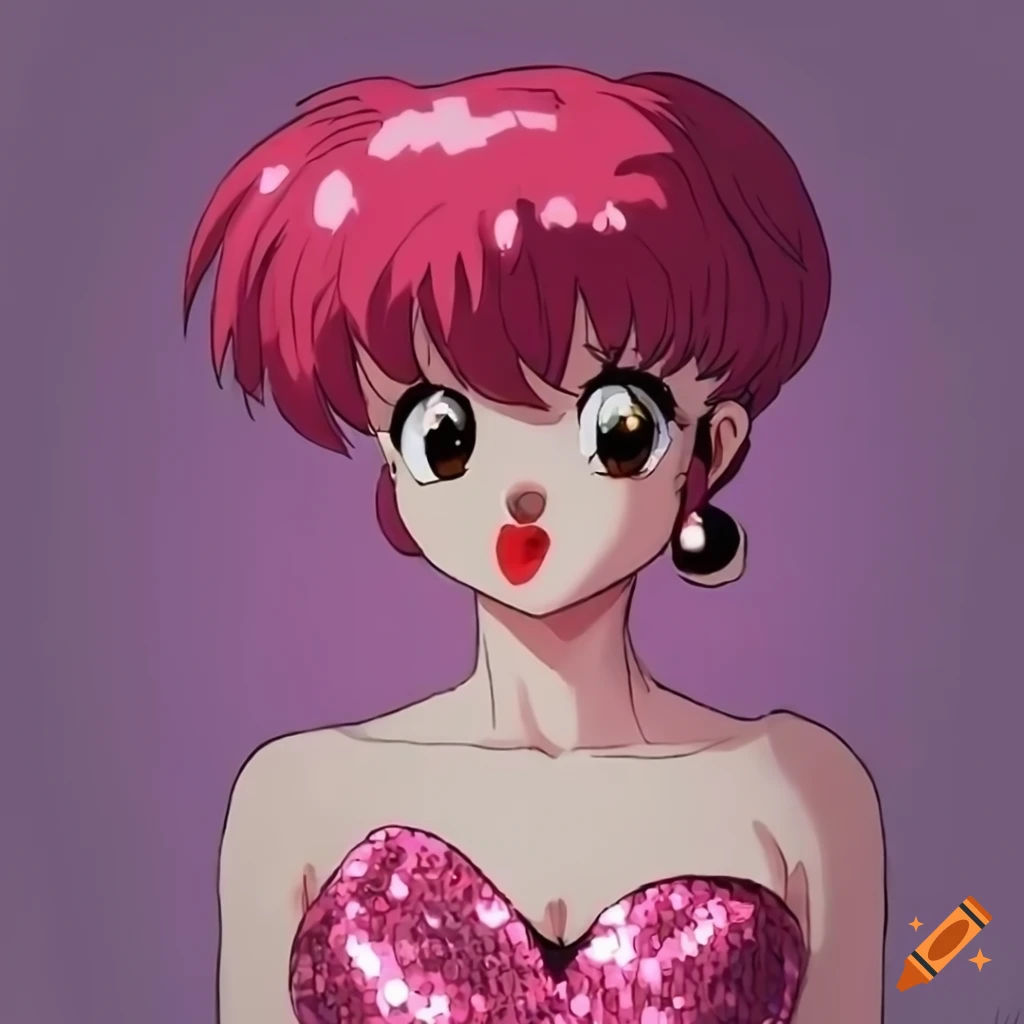 Close-up of Ranma in pink sequined dress applying red lipstick on Craiyon